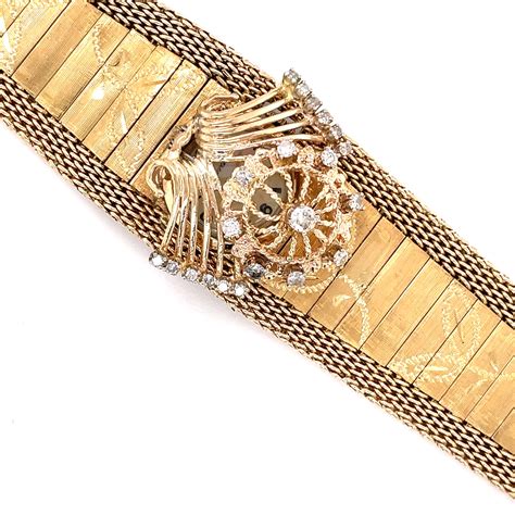 Vintage 14k Yellow Gold Floral Bracelet Hidden Wrist Watch W Diamond