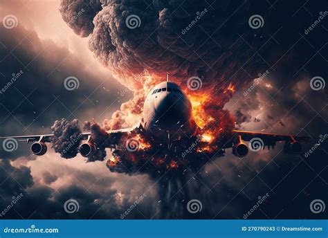 Aircraft Explosion During Flight Airliner Catastrophe Plane Accident In Clouds Generative Ai