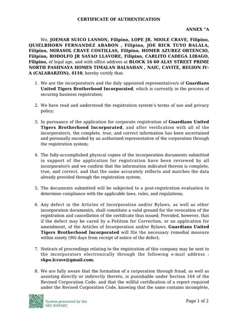 Certificate Of Authentication Pdf