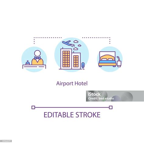 공항 호텔 컨셉 아이콘 항공사 서비스 아이디어 씬 라인 일러스트 객실 등록 상업용 항공편 예약 벡터 절연 윤곽선 Rgb 색상 도면 편집 가능한 스트로크 침대에 대한 스톡