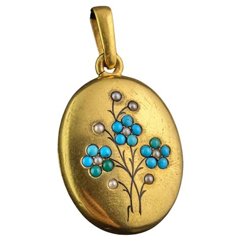Antique 15k Gold Turquoise And Pearl Locket Forget Me Not Flowers