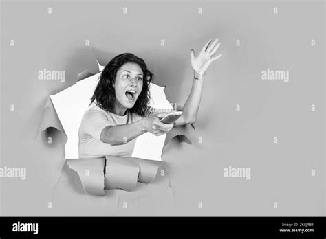 Happy Woman Push Bottom Of Remote Control Girl Watch Tv Show Use New Technology Smart House