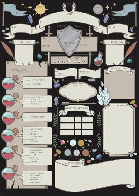 Dnd 5e Character Sheet Full Colour Black Background Printable