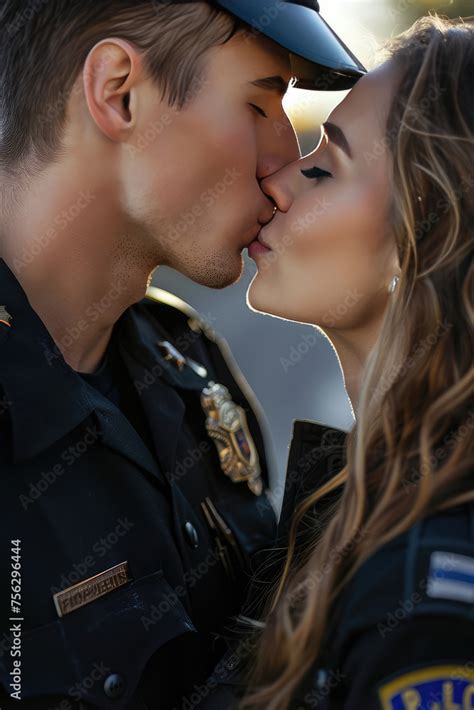 Young Man And Woman In Police Uniforms Kissing In Love Office Romance