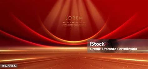빨간색 곡선 모양의 조명 효과와 반짝임이 있는 우아한 빨간색 무대 템플릿 프리미엄 어워드 디자인 Theatrical Performance에 대한 스톡 벡터 아트 및 기타