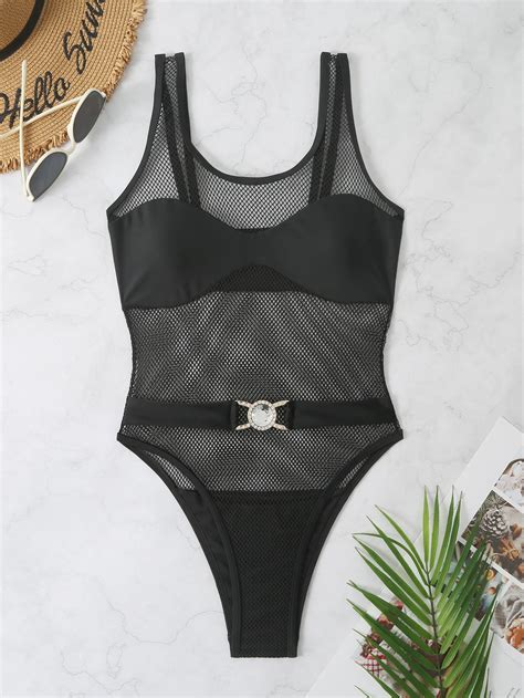 Fake Gem Decor Sheer One Piece Swimsuit Shein Usa