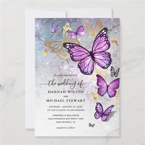 Invitación Elegante Boda De Mariposa Plateada Y Morada Zazzlees