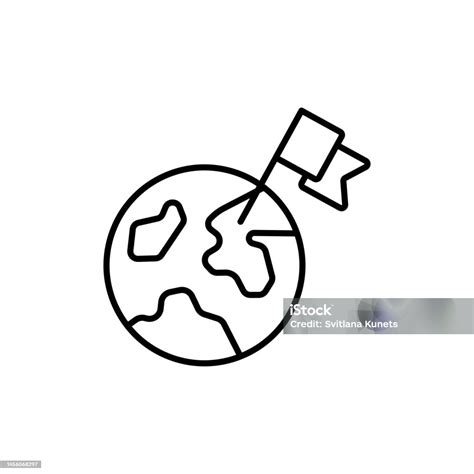Flag On Globe Line Icon Map Globe Geography Target Mark Place Goal Path
