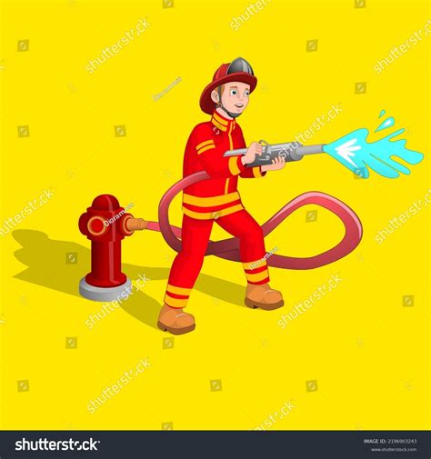 Firefighter Standing While Spraying Water Fire Stock Vector Royalty
