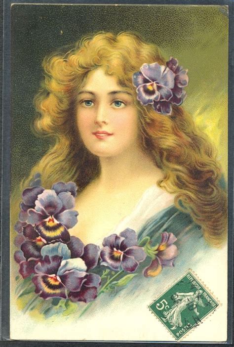Ph195 Art Nouveau Beautiful Lady Pansies In Long Hair Fine Litho