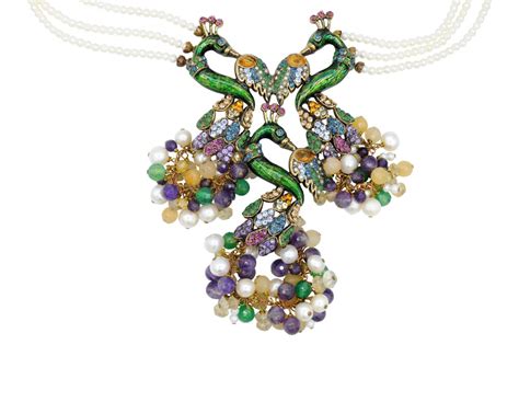 Peacock Statement Necklace Cluster Necklace Gemstone Necklace Enamel Necklace Etsy