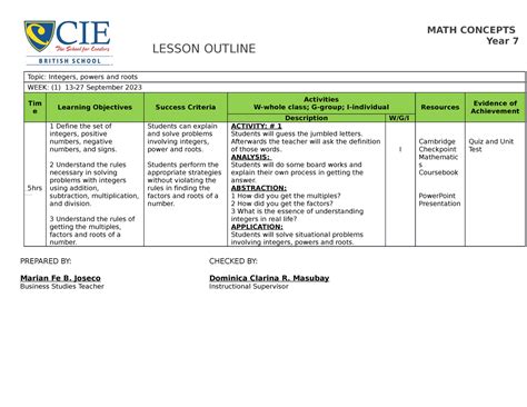 Lesson Outline Math Ps 8 Lesson Outline Math Concepts Year 7 Topic