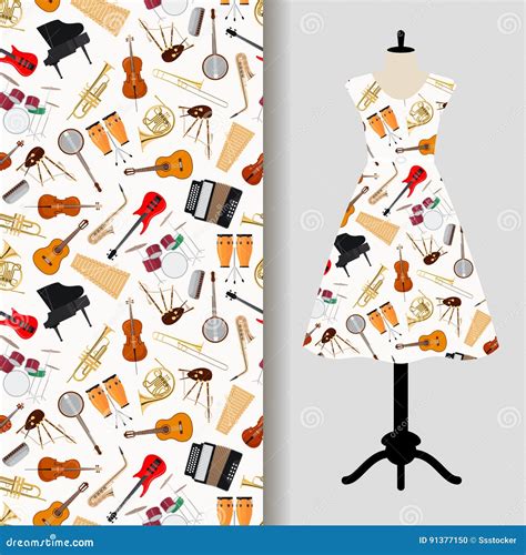 Jazz Musical Instruments Dress Fabric Pattern Vector Illustration