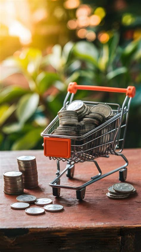 Tiny Shopping Cart Filled With Coins On Wood Surrounded By More Coins
