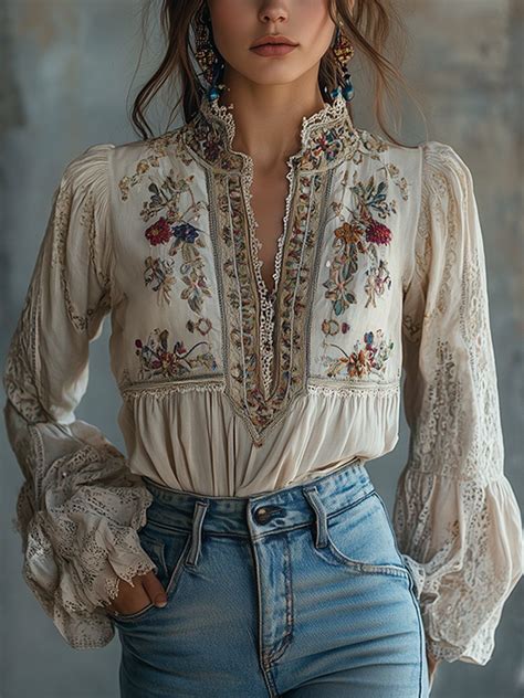 Bohemian Floral Dream Handcrafted Embroidered Blouse Shirts White 2xl