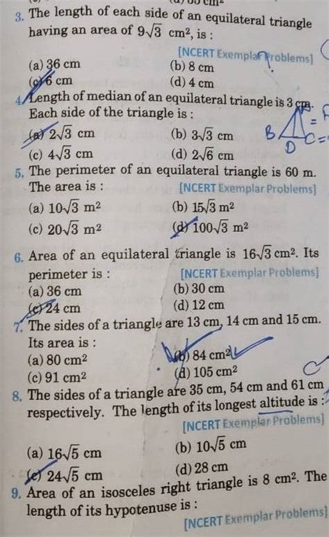3 The Length Of Each Side Of An Equilateral Triangle Having An Area Of 9