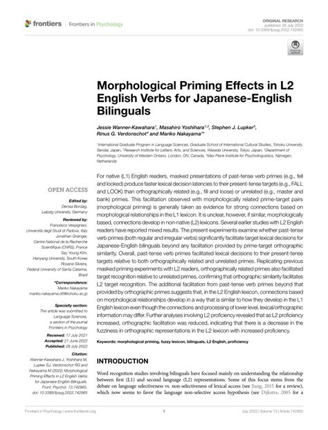 Pdf Morphological Priming Effects In L2 English Verbs For Japanese