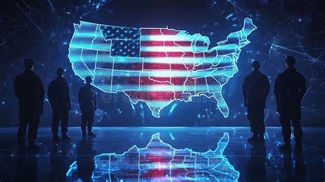 Futuristic Digital Map American Flag Projection With Silhouetted