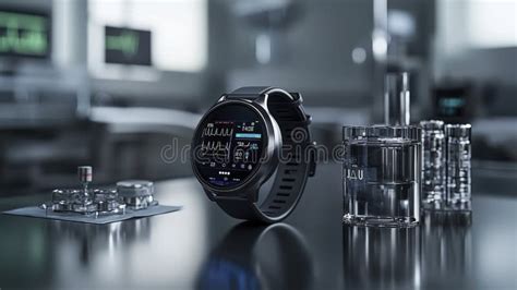Innovative Smartwatch Displaying Health Metrics In A High Tech Lab
