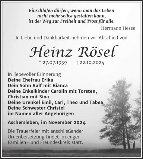 Traueranzeigen Von Heinz Rösel Abschied Nehmende