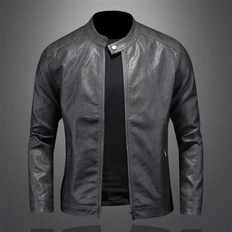Mens Slim Fit Stand Collar Leather Jacket