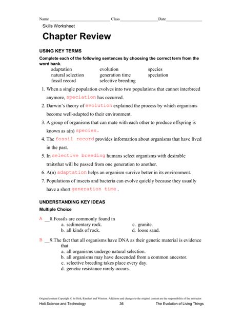 Evolution Natural Selection And Speciation Worksheet Answers