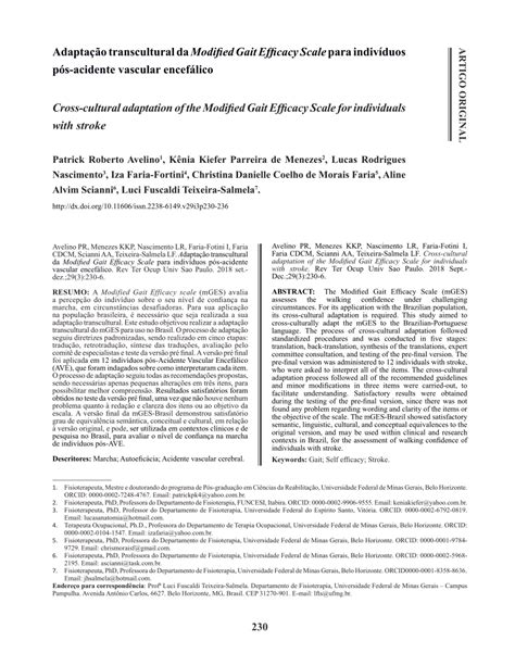 Pdf Adaptação Transcultural Da Modified Gait Efficacy Scale Para