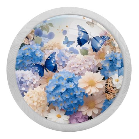 Phooarto Hydrangeas And Daisies Floral Butterflies 4 Pcs Crystal Glass Cabinet Knobs Drawer