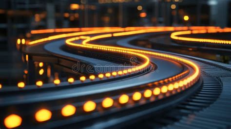 illuminated conveyor belt moving through futuristic factory stock image