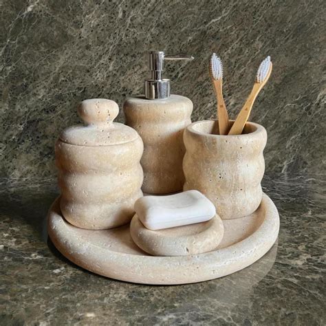 Travertine Bathroom Accessories Set With Tray 5 Pieces Decorative