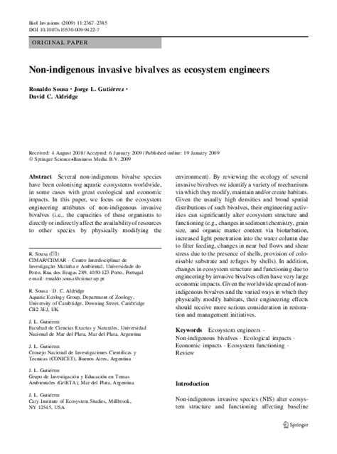 Pdf Non Indigenous Invasive Bivalves As Ecosystem Engineers