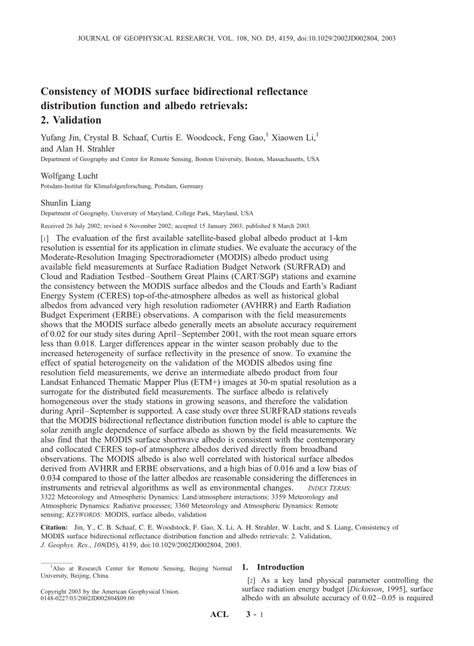 Pdf Consistency Of Modis Surface Bidirectional Reflectance Distribution Function And Albedo