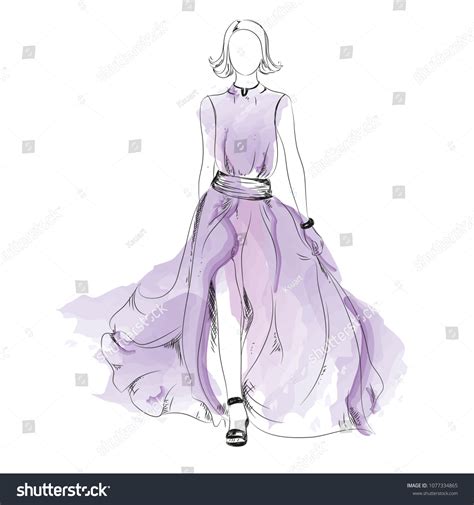 Fashion Sketch Model Walking On Runway Stock Vector Royalty Free
