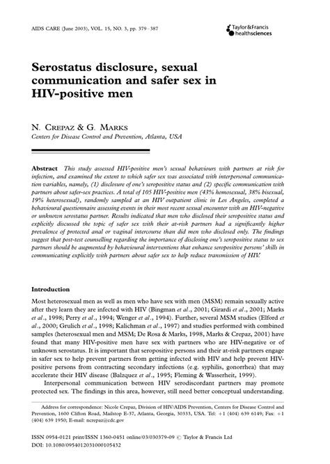 Pdf Serostatus Disclosure Sexual Communication And Safer Sex In Hiv