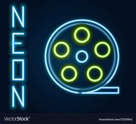 Glowing Neon Line Film Reel Icon Isolated On Black