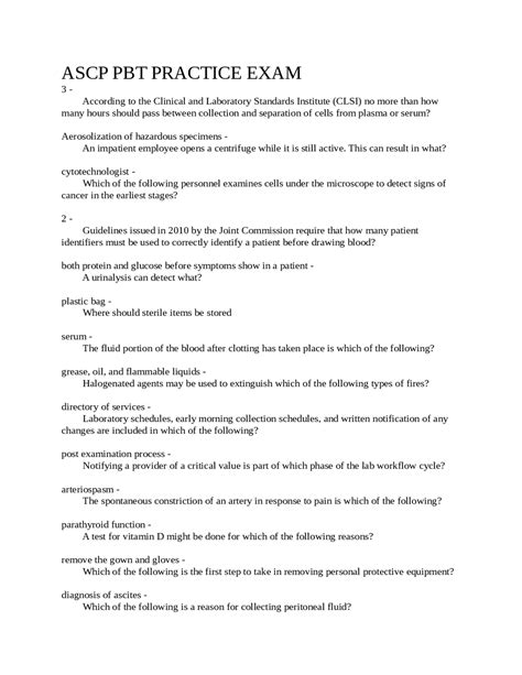 Ascp Pbt Practice Exam Ascp Pbt Practice Exam Exams Biology Docsity