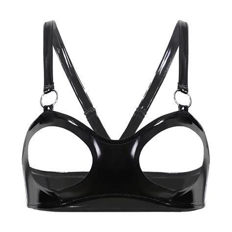 Women Sexy Wet Look Leather Cupless Bras Adjustable Strap Hollow Out