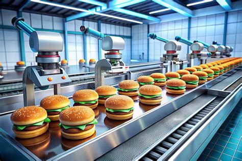 Automated Hamburger Assembly Line Efficient Food Production In A Modern