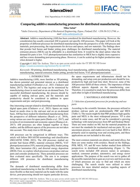 Pdf Comparing Additive Manufacturing Processes For Distributed