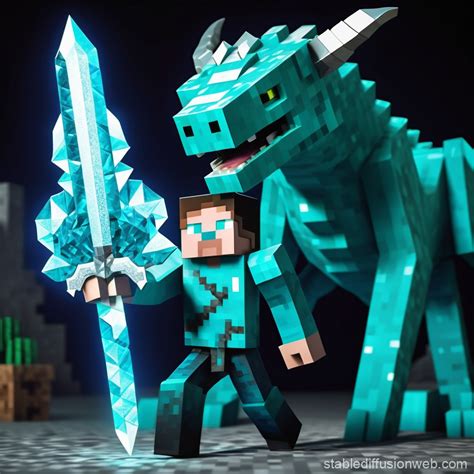 Minecraft Steve With Diamond Armor And A Diamond Sword Fighting The Ender Dragon In The End In A