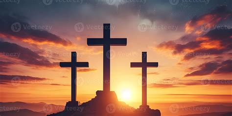 Ai Generated Three Religious Crosses On Sunsetclose Upeaster Concept