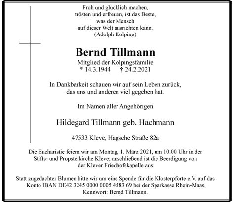 Alle Traueranzeigen Für Bernd Tillmann Trauer Rp Online De