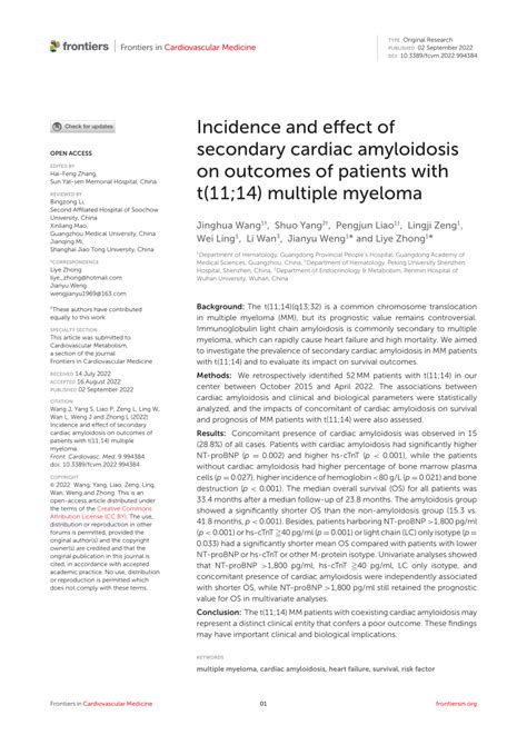 Pdf Incidence And Effect Of Secondary Cardiac Amyloidosis On Outcomes