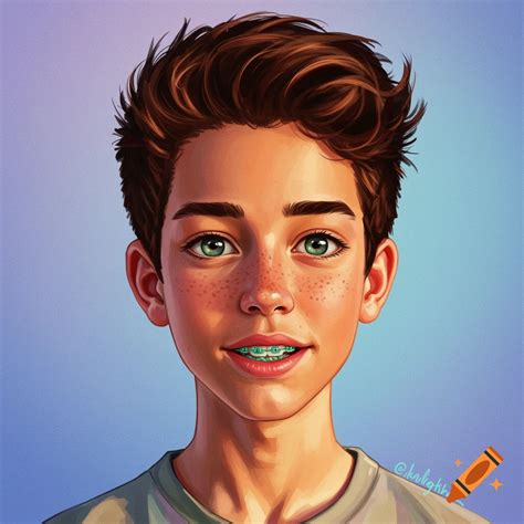 15 Year Old Male With Tan Skin Dark Brown Hair Green Eyes And Teal Braces On Craiyon