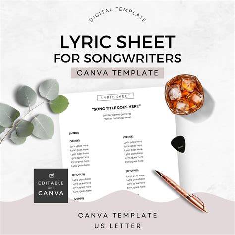 Lyric Sheet Template Editable Songwriting Template Printable For
