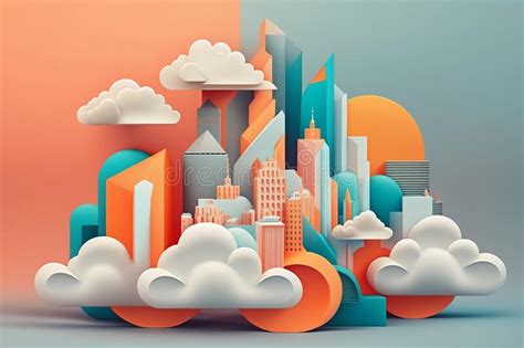 Cloud City Concept With 3d Flat Pastel Colors Colorful Paper Like City With Buildings And