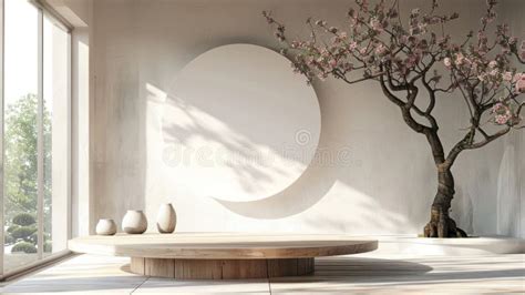 A White Room With A Large Tree In The Corner And A Round White Wall Stock Illustration