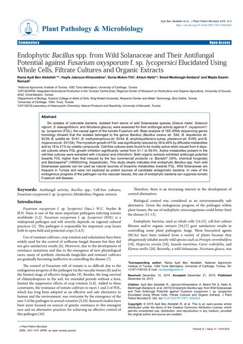Pdf Endophytic Bacillus Spp From Wild Solanaceae And Their Antifungal Potential Against
