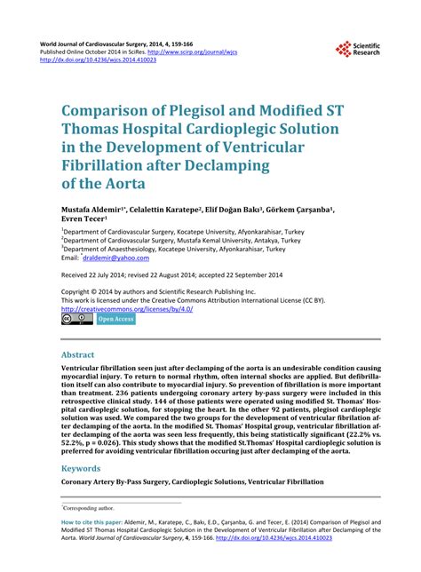 Pdf Comparison Of Plegisol And Modified St Thomas Hospital Cardioplegic Solution In The