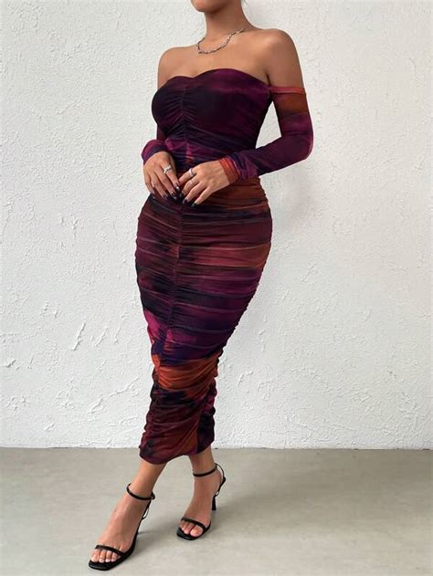 Shein Bae Off Shoulder Ruched Mesh Bodycon Dress Shein Usa